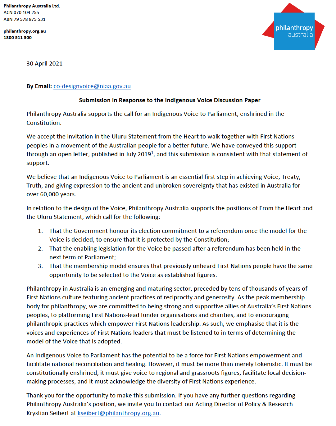 Indigenous Voice to Parliament submission 2021 - Philanthropy Australia