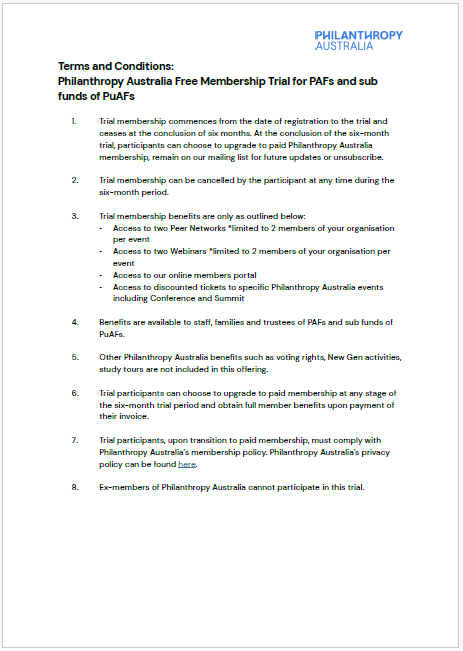 Terms and Conditions: Trial membership March 2024 - Philanthropy Australia